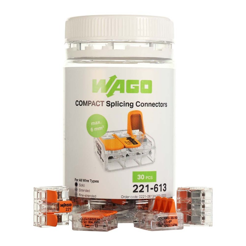 Wago 221-613 | 6mm² 3-Way Compact Splicing Connectors | Jar of 30