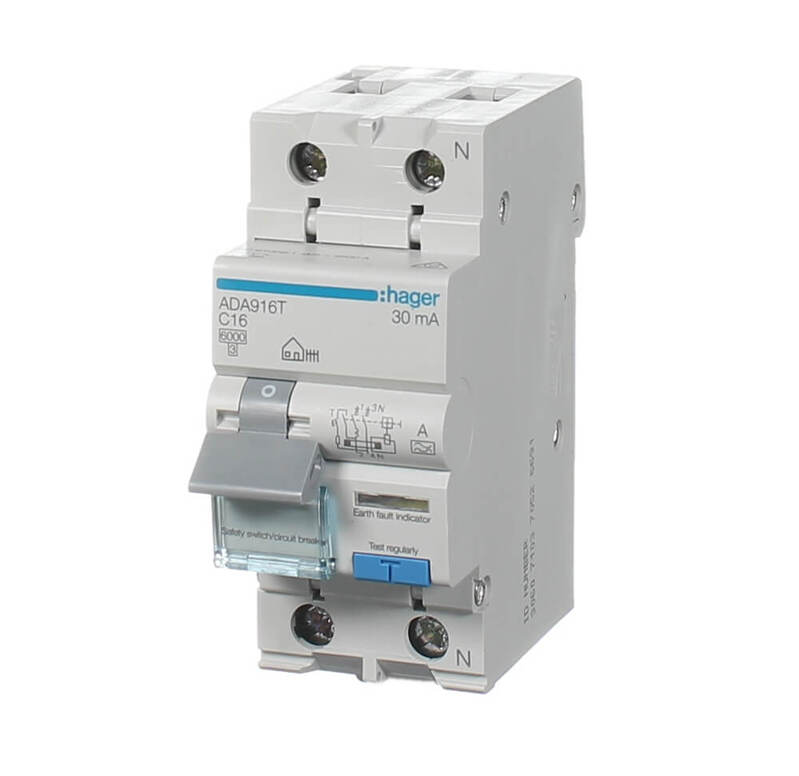 HAGER ADA916T | 16 Amp 2 Pole 6kA | 30mA RCD/MCB RCBO