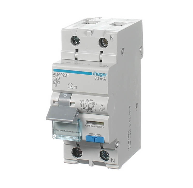 HAGER ADA920T | 20 Amp 2 Pole 6kA | 30mA RCD/MCB RCBO