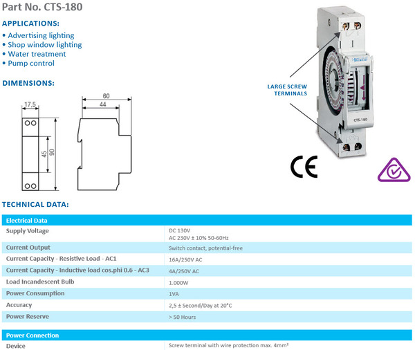 CABAC CTS-180 | 24 hour Single pole timer Din Mount 16(4)amp Analogue ...