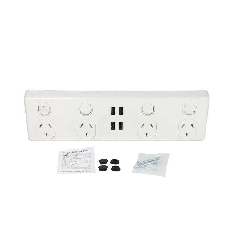 Trader PU4X4 | 4 Gang GPO 10Amp 250v & 4 x 3.1A USB Outlets White