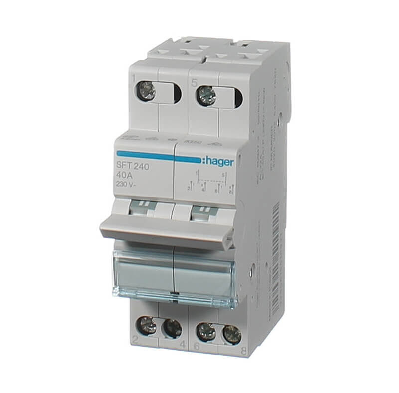 HAGER SFT240 | Changeover Switch 2 Pole 40 Amp 240v 50Hz Din Mounted