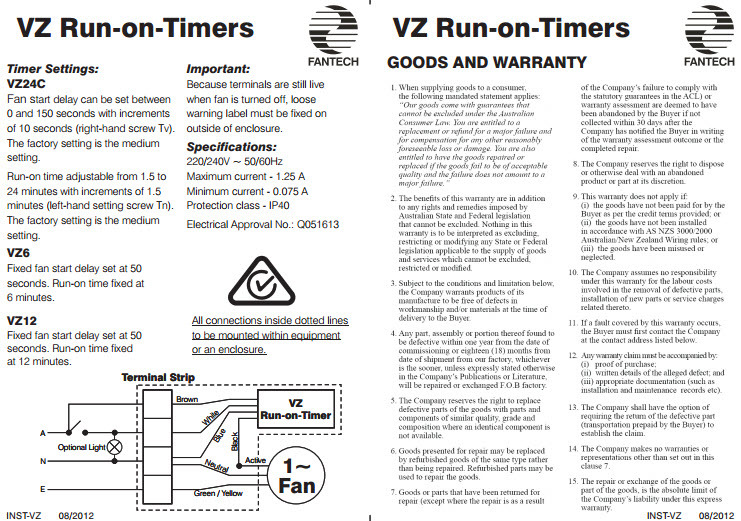 Fantech VZ24C | Run On Timer 24 minute | Time Delay