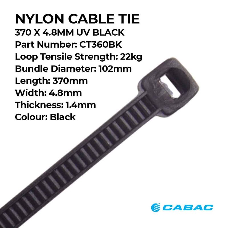 CABAC Cable Ties CT360BK | 370mm x 4.8mm UV Resistant Black (100) Pack