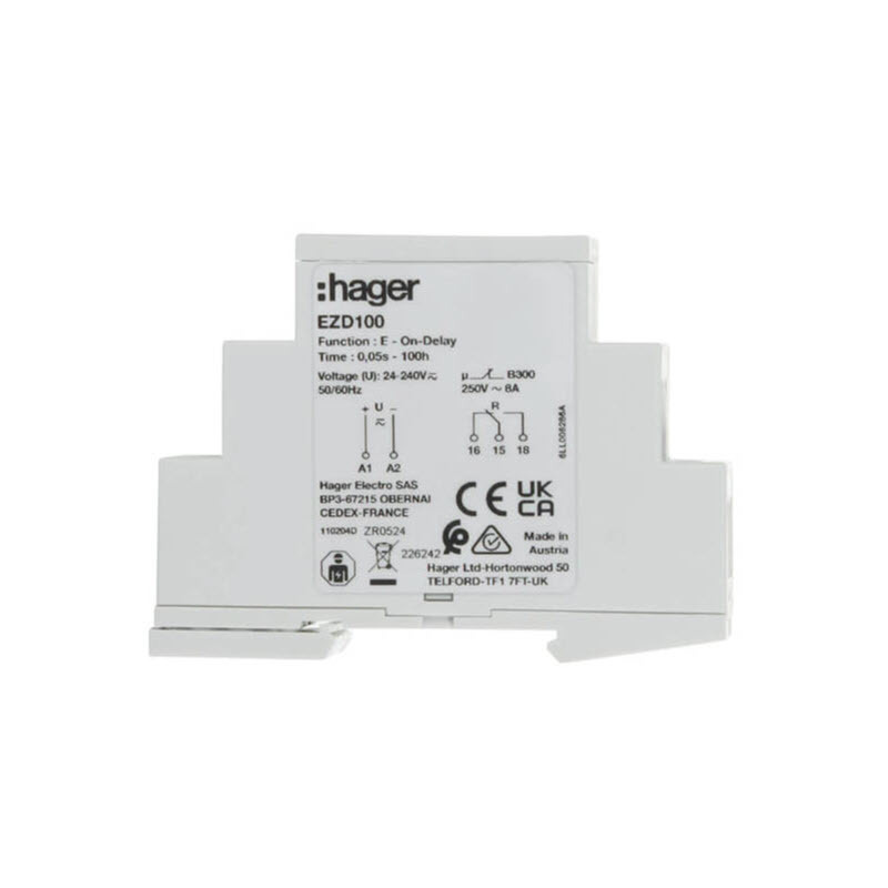 Hager EZD100 | Delay On Time Relay 24-240V AC/DC | 50ms-100h