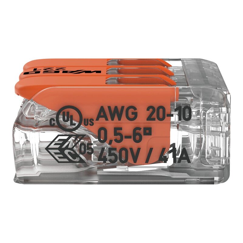 Wago 221-613 | 6mm² 3-Way Compact Splicing Connectors | Jar of 30