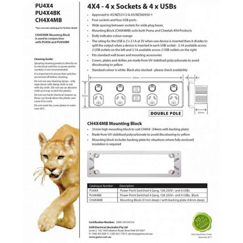Trader PU4X4 | 4 Gang GPO 10Amp 250v & 4 x 3.1A USB Outlets White