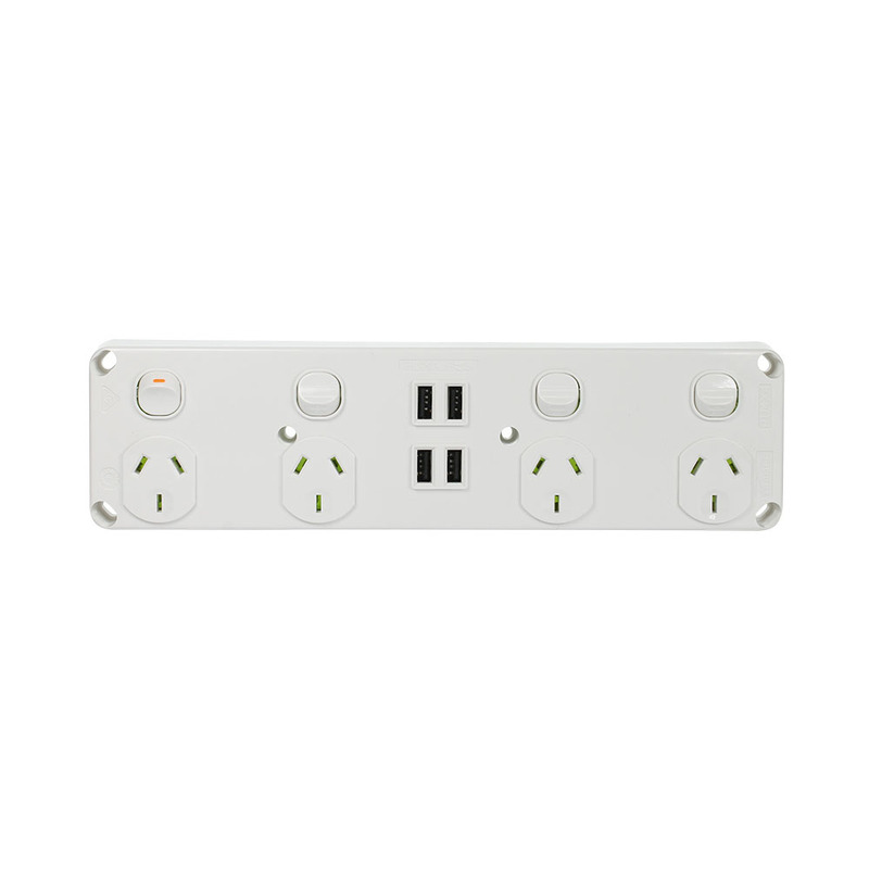 Trader PU4X4 | 4 Gang GPO 10Amp 250v & 4 x 3.1A USB Outlets White