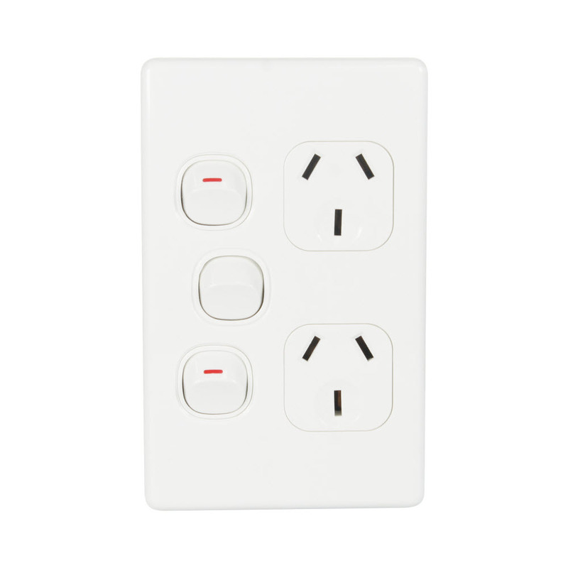 Slimline Double Vertical Power Point With Extra Switch White