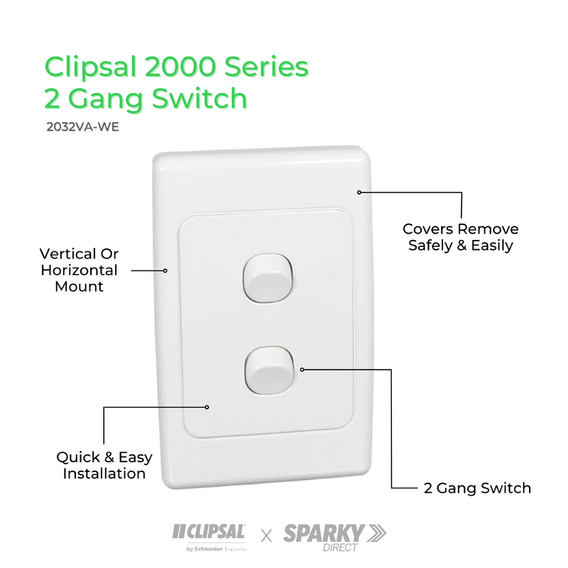 Clipsal 2 Gang Switch 10Amp 250v White (2000 Series) 2032VAWE, 2032VA