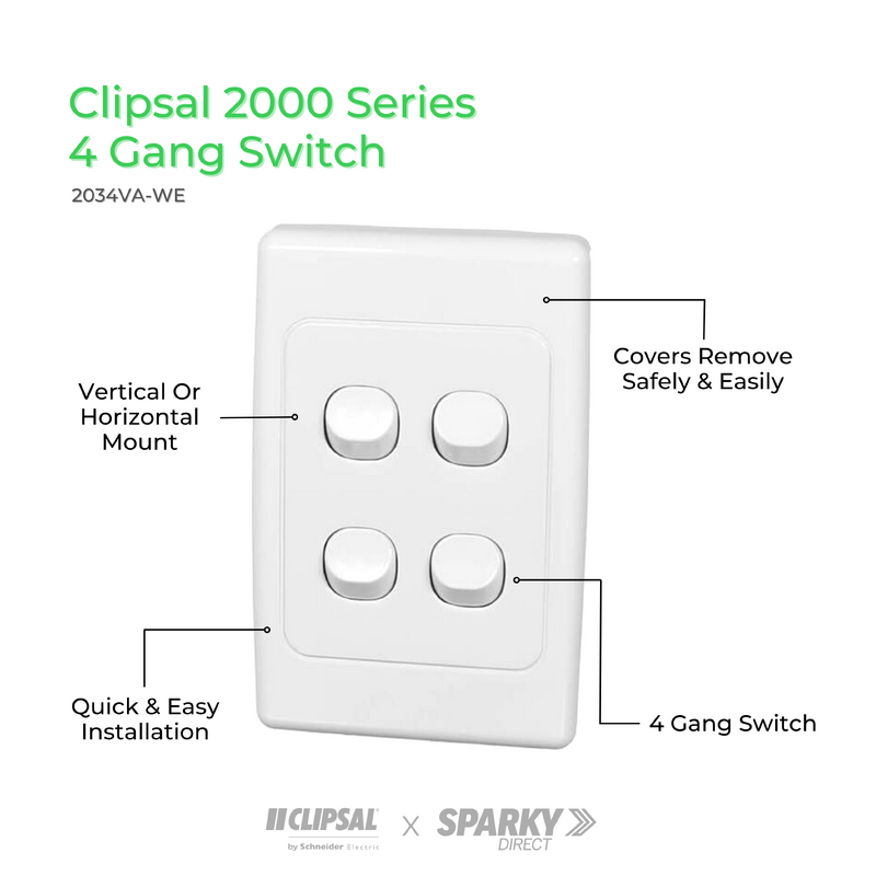 Clipsal 4 Gang Switch 10Amp 250v White (2000 Series) 2034VAWE