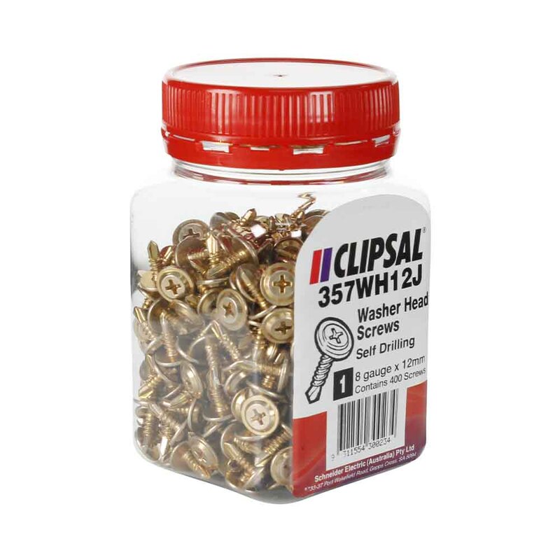 Clipsal 357WH12J | Self Drilling Washer Head Screws 8g x 12mm | Jar: 400