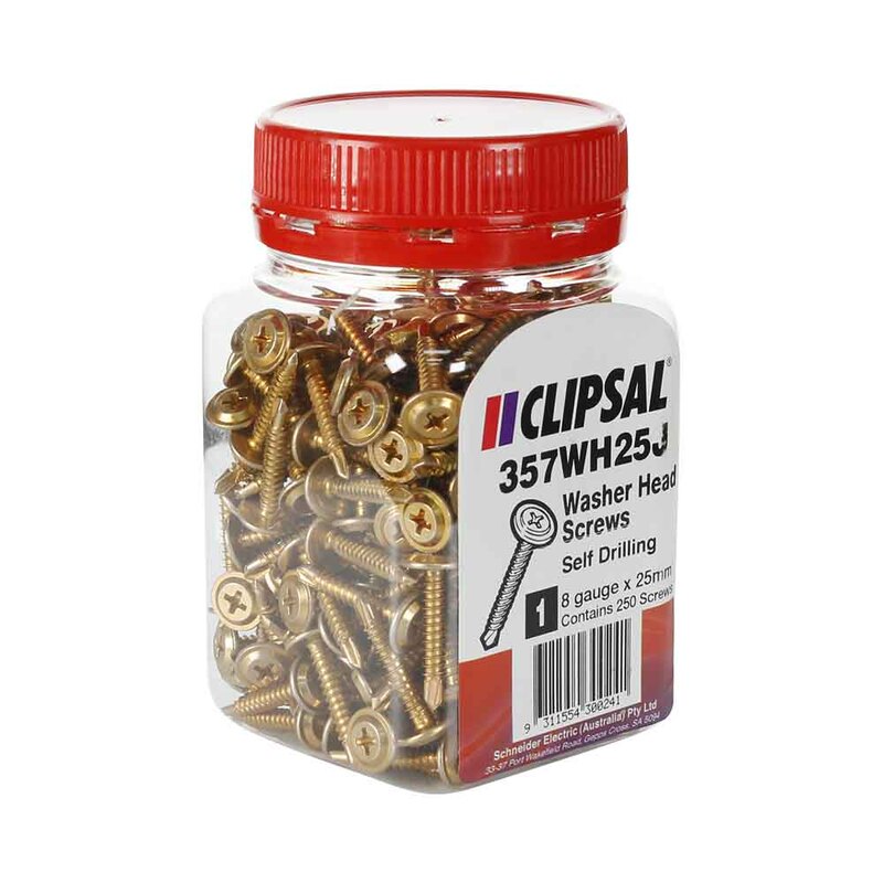 Clipsal 357WH25J | Self Drilling Washer Head Screws 8g x 25mm | Jar: 250