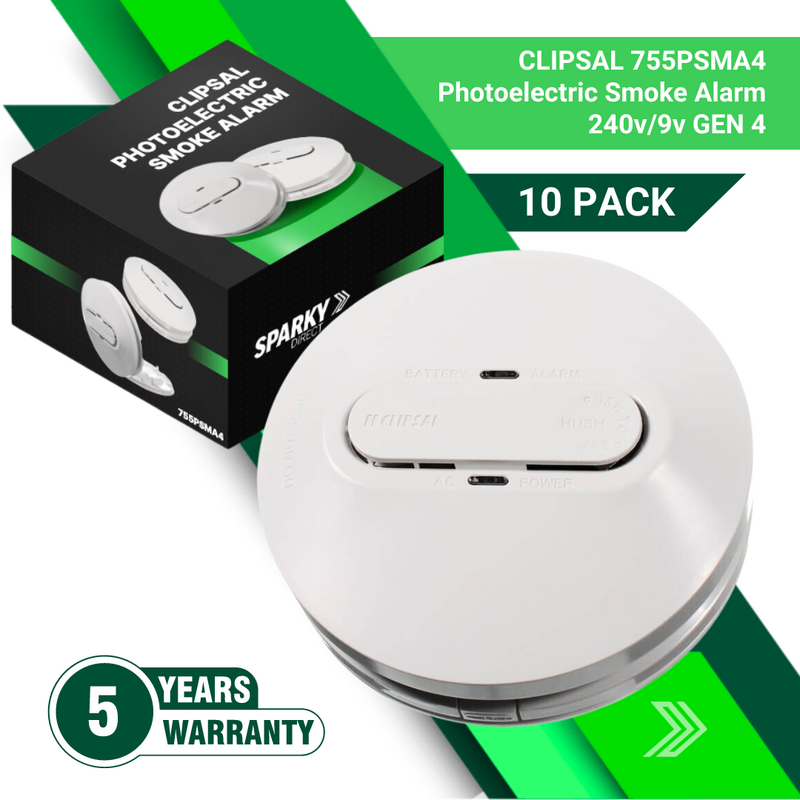 Clipsal 755PSMA4-10Bundle | 10 x Photoelectric Smoke Alarm 240v/9v GEN ...