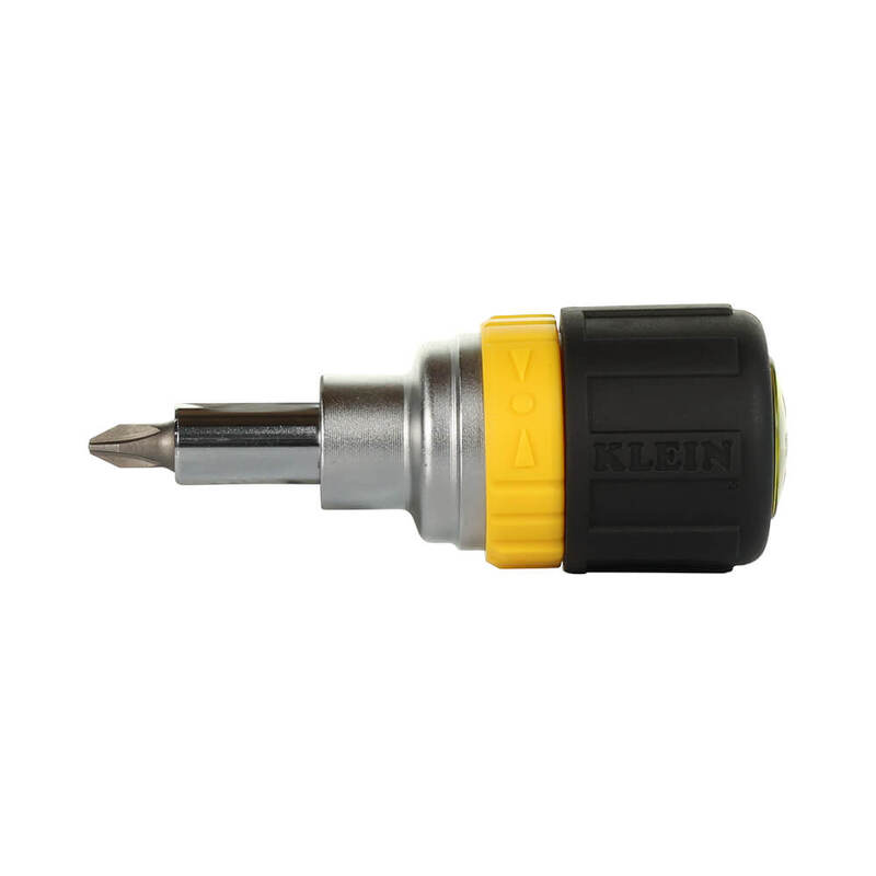 Klein Tools A-32593 | Multi-Bit Ratcheting Stubby Screwdriver, 6-in-1