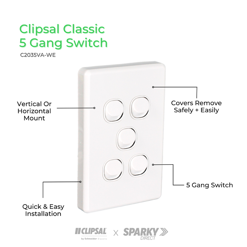 Clipsal C2035VA | 5 Gang Switch 10Amp 250v White (Classic Series) C2035VAWE