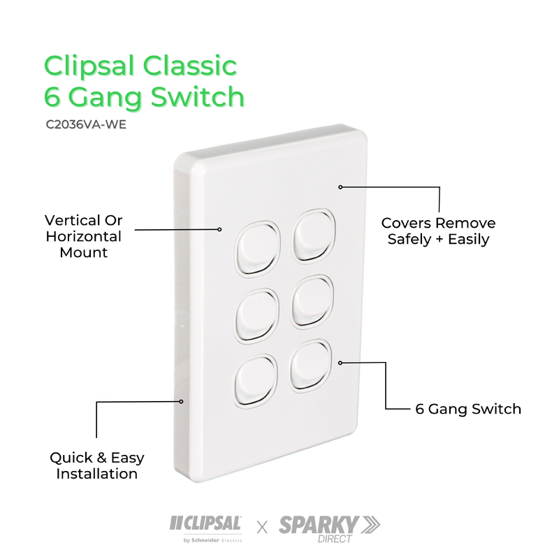 Clipsal C2036VA-WE | 6 Gang Switch 10Amp (Classic Series) | White