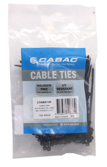 Cabac Cable Ties CT98BK | 100mm 2.5mm UV Resistant Black (100) Pack - CABAC