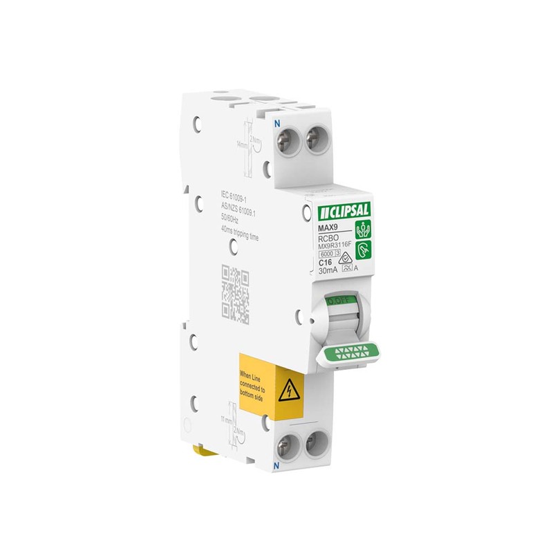 Clipsal MX9R3116F | 16A MAX9 RCBO 1PN C | 30mA Type A SLIM | 40ms