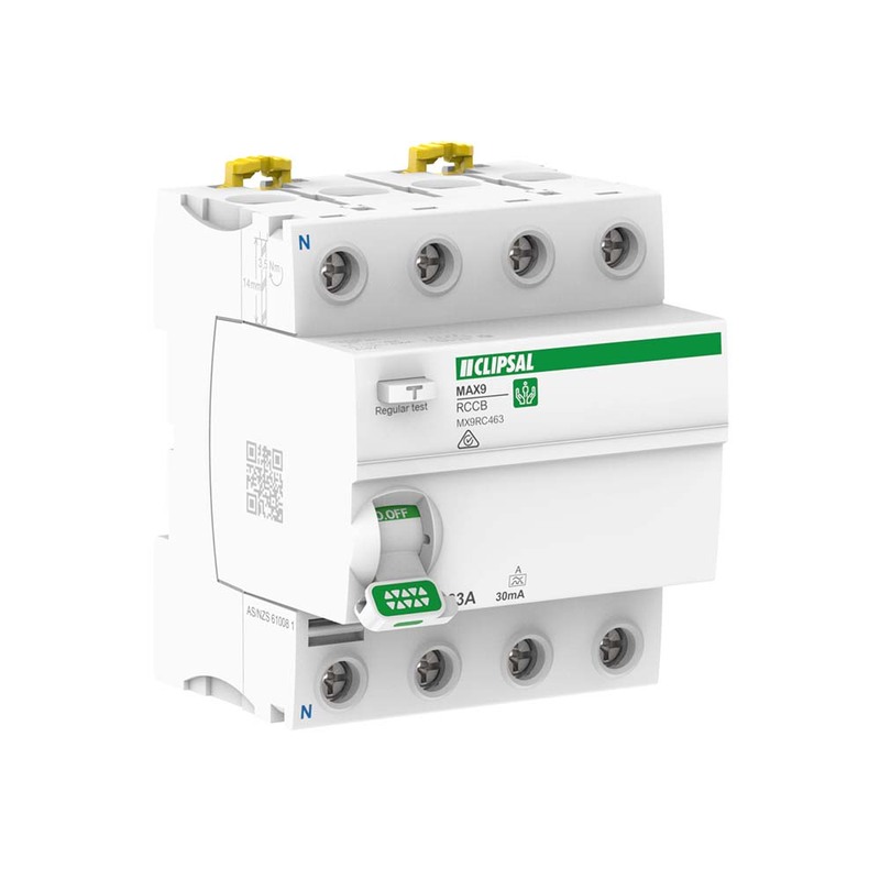 Clipsal MX9RC463 | 63A 4 Pole MAX9 RCCB | 30mA Type A